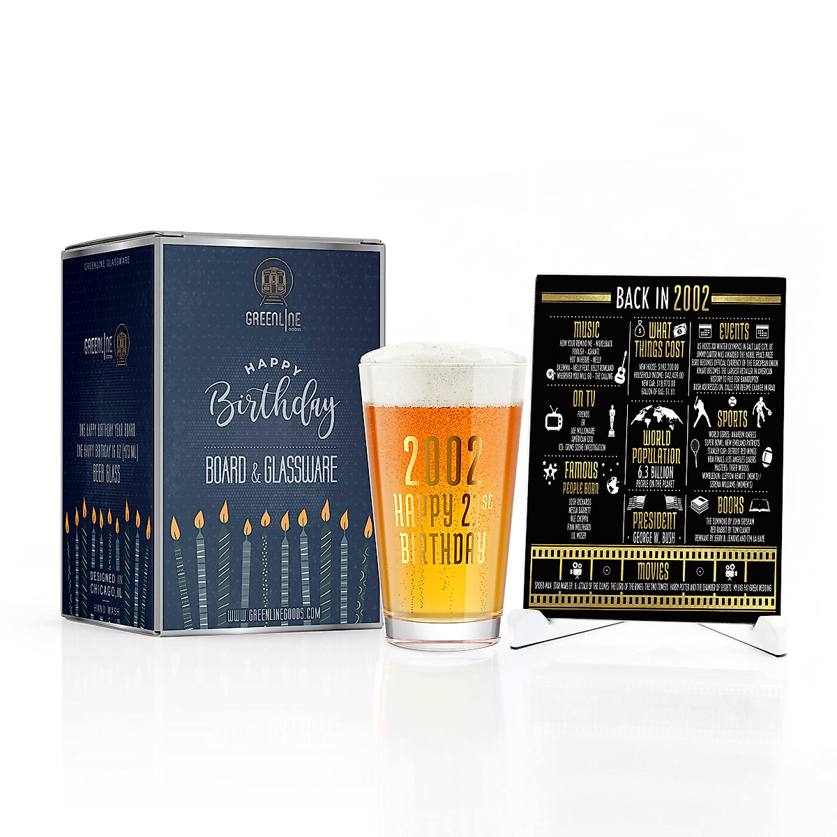 Greenline Goods Happy Birthday Beer Pint Glass (16 oz) & 2002 Birthday Year Facts Board Set with Stand Included - 21st Birthday for Men and Women - Cheers to 21 Years!