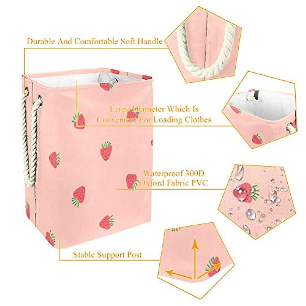 Inhomer Laundry Hamper Strawberry Spring On Pink Collapsible Laundry Baskets Firm Washing Bin Clothes Storage Organization for Bathroom Bedroom Dorm