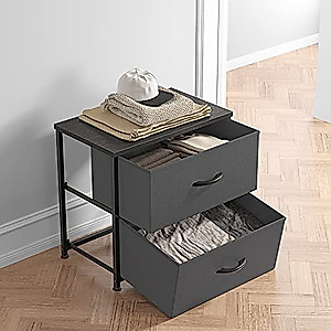 CubiCubi Dresser Nightstand for Bedroom, Small Kids Bedroom Fabric Tall Dresser 2 Drawer Storage Tower Organizer Unit for Hallway Entryway Closets, Steel Frame Wood Top, Black Grey