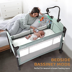 JOYMOR 3 in 1 Baby Bedside Bassinet, Bedside Sleeper with Mattress and Sheet, Convert to Bassinet, Playpen, Foldable Travel Bassinet Bed, with Toy, Wheels, Brake, Carry Bag