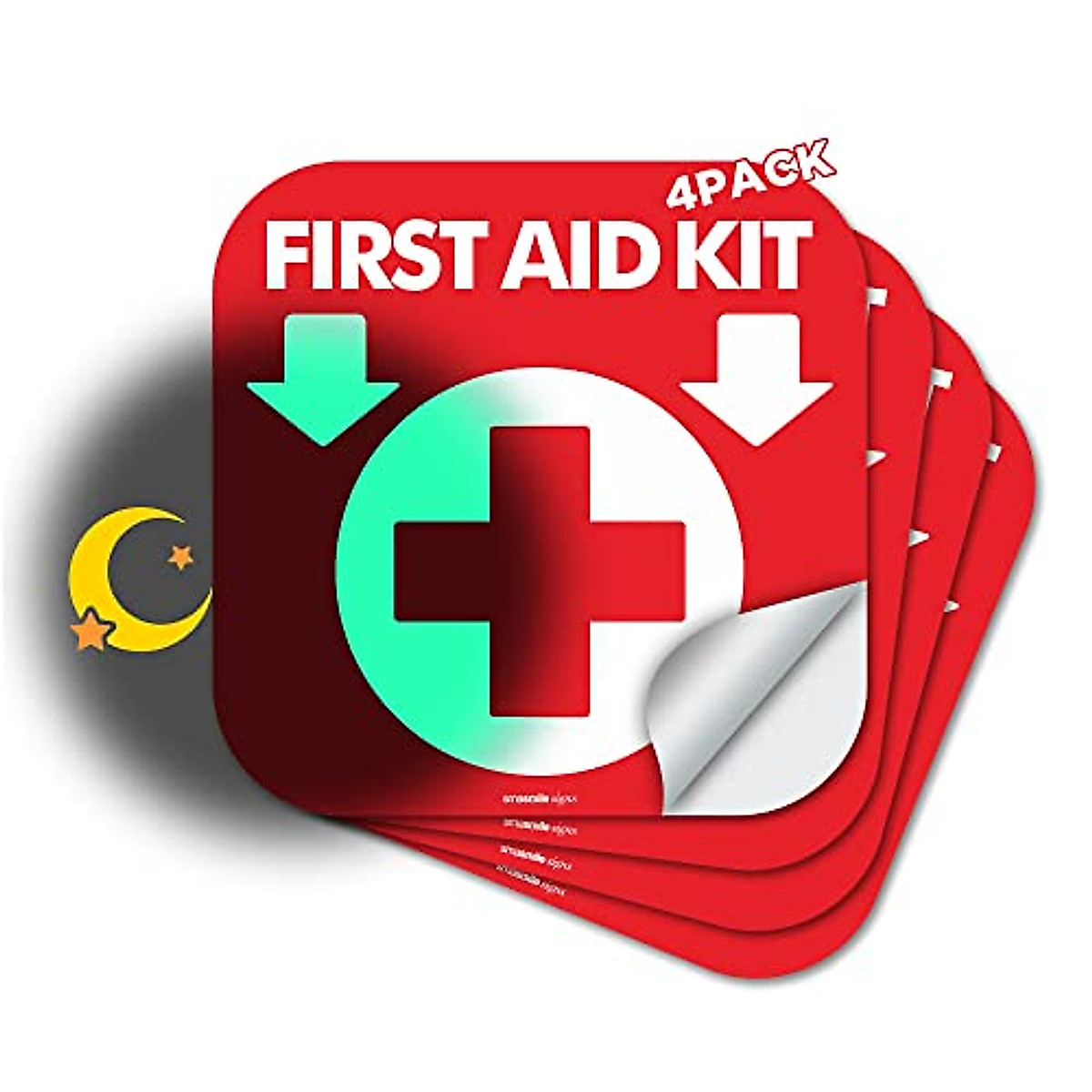 First Aid Kit Sign Glow in The Dark 4 Pack 6"x 6"First Aid Kit Inside Signs Stickers Photoluminescent, Glows for Up to 8 Hours