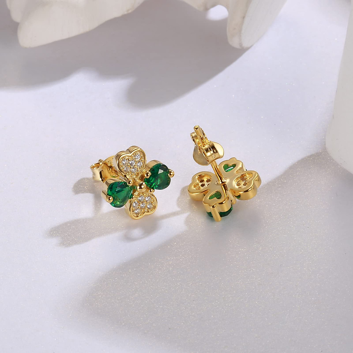 St Patricks Day Earrings Sterling Silver Four Leaf Clover Shamrock Irish Stud Earring Jewelry Gifts for Women Parade (Gold)