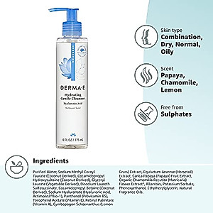 DERMA E Hydrating Gentle Cleanser with Hyaluronic Acid – Moisturizing Facial Cleanser Tones, Moisturizes & Improves Skin Texture – Gently Exfoliating Papaya Face Wash, 6 fl oz