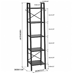 YMYNY 5 Tiers Ladder Bookcase, Industrial Narrow Bookshelf, Open Display Rack with 4 S Hooks, Metal Storage Shelves for Bedroom, Home Office, Living Room, Black, 63H*13.4L*11.8W, UHBC025B