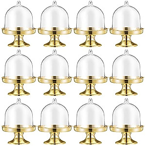 Healeved 12pcs Mini Cake Stand Chocolate Cupcake Candy Display Plate with Lid for Birthday Wedding Party Supplies - 8 x 6 x 6cm (Golden Base)