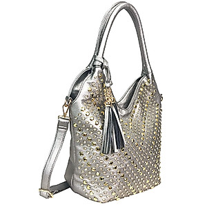 Zzfab Gem Studded V Chevron Tall Hobo Sparkle Purse (Pewter)