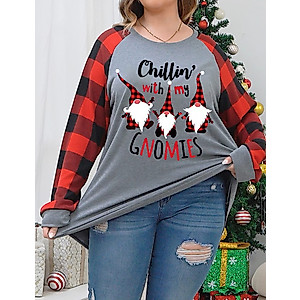 SECETKET Gnome Christmas Shirts for Women Plus Size Christmas Shirt Buffalo Plaid Long Sleeve Tee Holiday Xmas Tops(P5,XL)