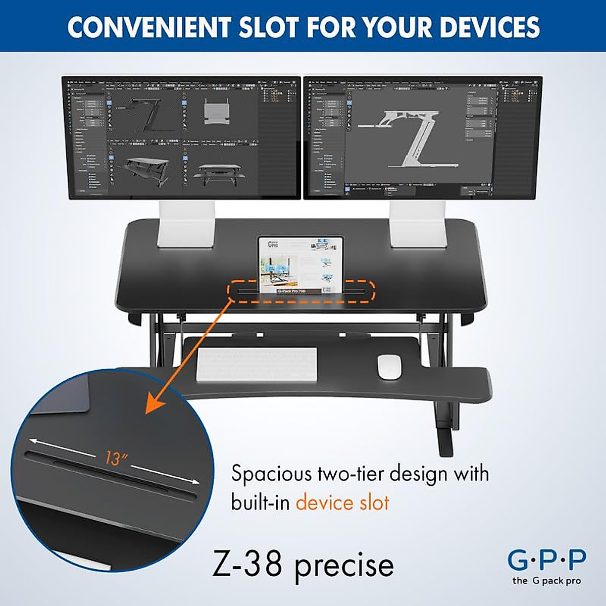 G-PACK PRO Standing Desk Converter - Height Adjustable Sit Stand Desk Riser up to 20.5" - Super Wide 37" Table fits Dual Monitors - 22 Ergonomic Adjustable Standing Desk Workstation Positions