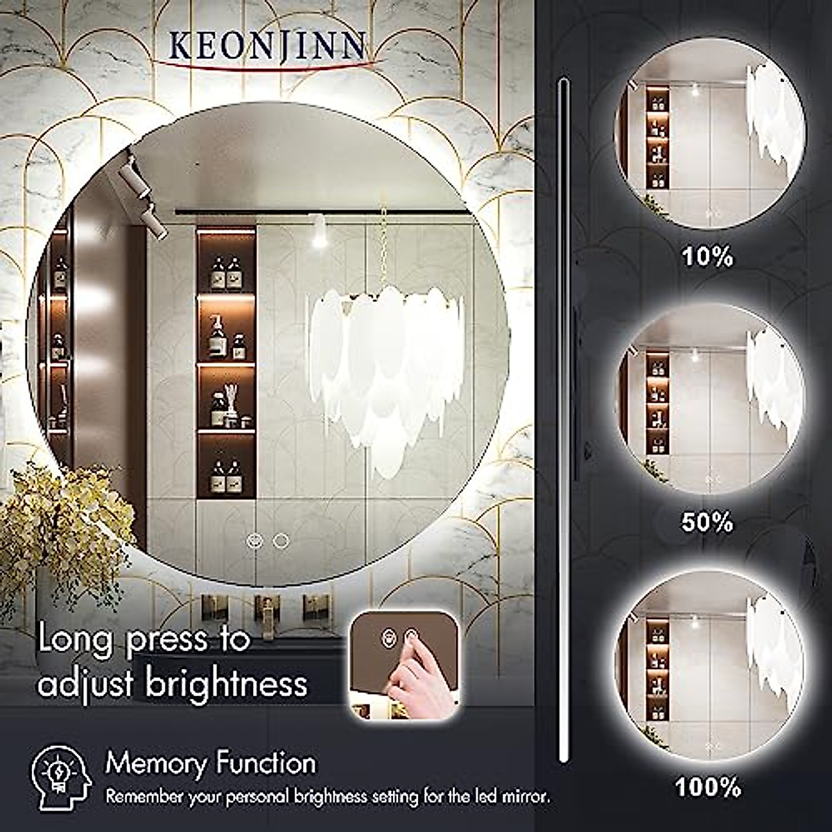 Keonjinn 36 Inch Backlit Mirror Bathroom LED Round Mirror 3000K/4500K/6000K Large Lighted Vanity Mirror Circle Mirror with Lights Dimmable Wall Mounted LED Bathroom Mirror Anti-Fog Makeup Mirror