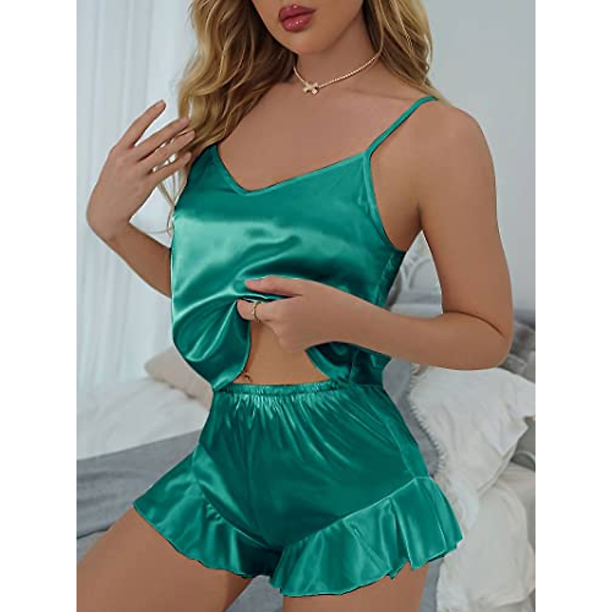 Samring Women's Silk Satin Pajamas Set 2 Pcs Silky Pj Sets Sleepwear Cami Nightwear Gift Green L