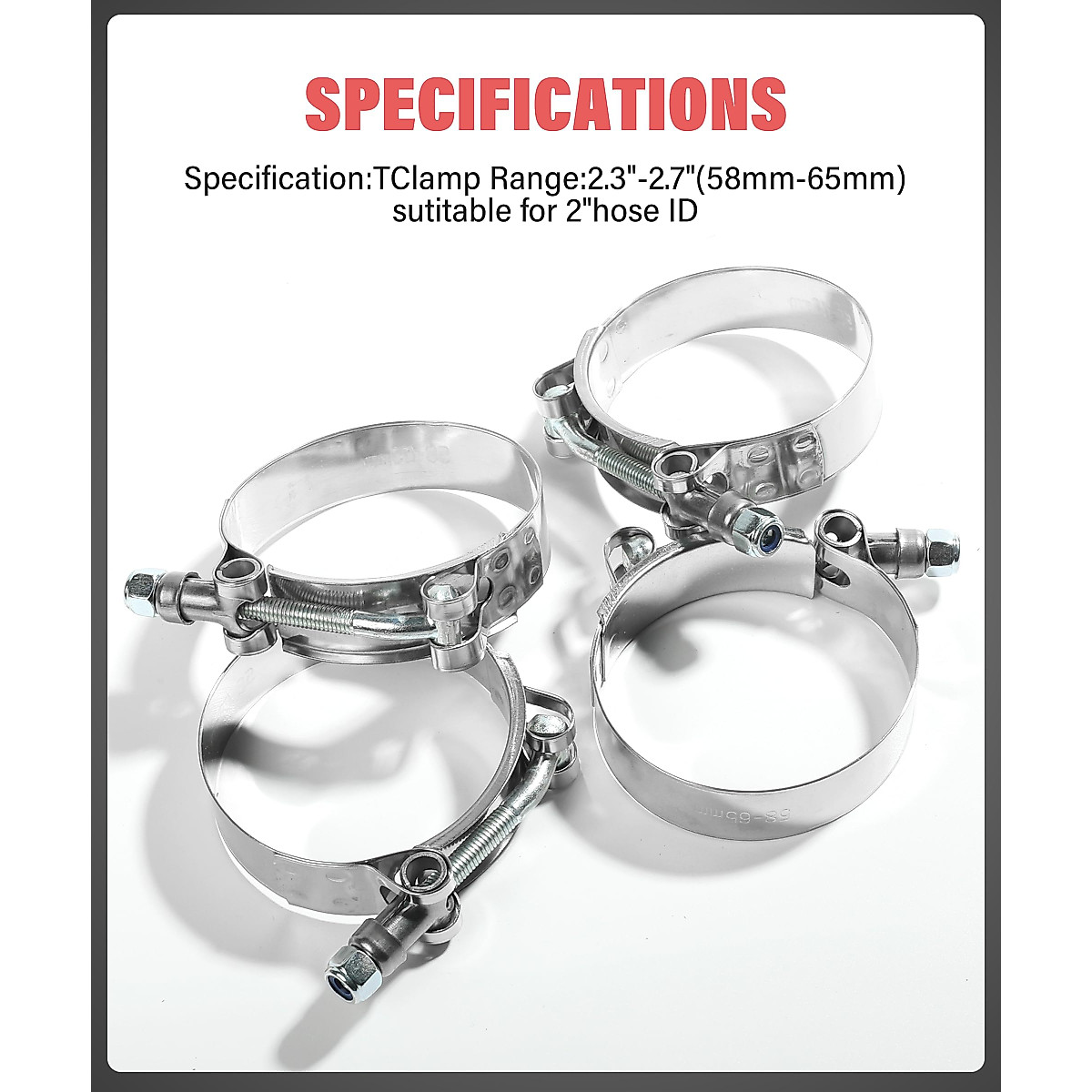 Zlirfy 4PCS T-Bolt Hose Clamps,Stainless Steel Intercooler Pipe Tube Clamps,Turbo Pipe Clamps,Adjustable Turbo Intake Intercooler Hose Clamp,Suitable for Intake system,Intercooler (4 Pcs, 2.0")