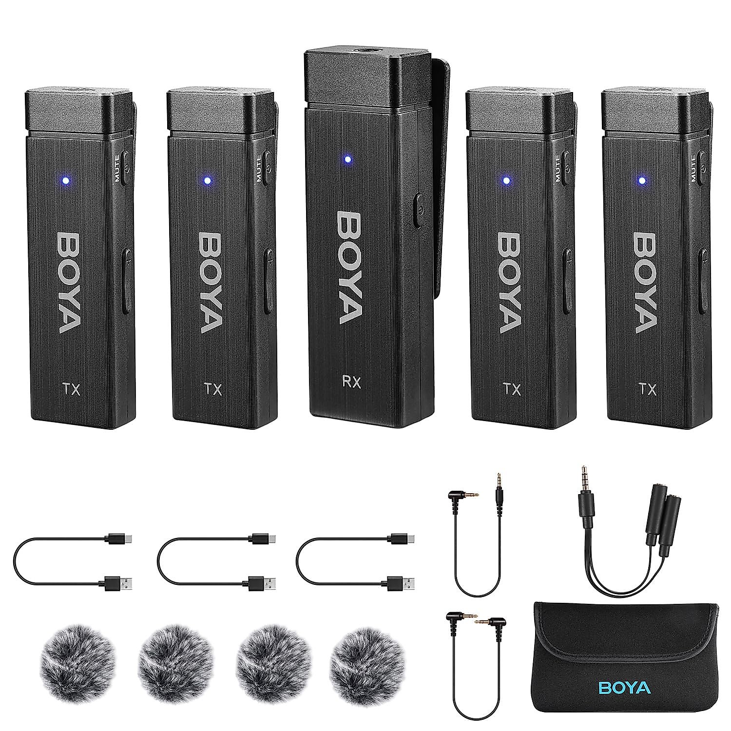 BOYA BY-W4 Wireless Lavalier Microphone Ultracompact 2.4GHz Cordless Clip On Microphones System for Cameras DSLR Smartphone Video Recording Interview YouTube Streaming (4 Transmitters & 1 Receiver)