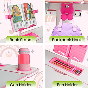 Gorilla Gadgets Kids Table and Chair Set for Ages 4-12, Height Adjustable Children's Study Station, Student School Table with Light, Pencil Case, and Bookstand (DSK-Kids)