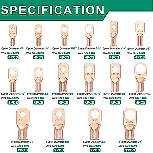 OURU 56PCS Battery Cable Lugs Kit,AWG 8 6 4 2 Gauge Heavy Duty Copper Wire Lugs Battery Cable Ends Terminals Connectors,Bare Copper Eyelet Ring Terminal