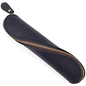 GORGECRAFT Genuine Leather Pencil Case Real Leather Pen Pouch Handcrafted Black Crazy Horse Leather Bags Zippered Holder for Reading Glasses Case Stationery Storage Home Office Vintage Gift
