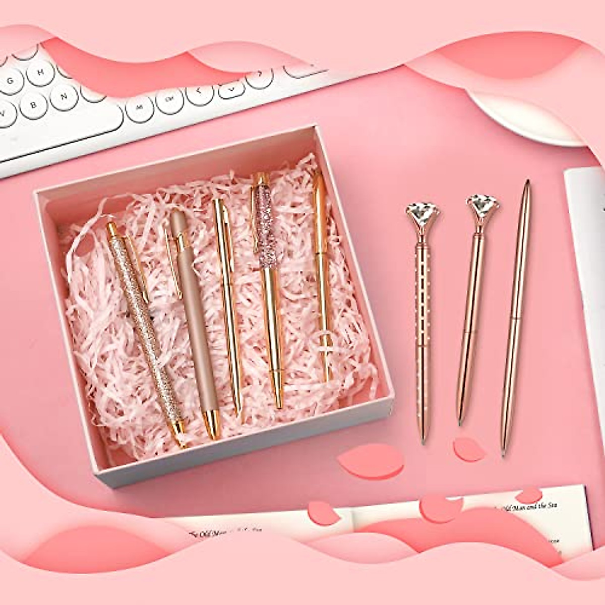 Rose Gold Ballpoint Pen Set, 8pcs Rose Gold Pens with Crystal Diamond Metal Diamond Pen Liquid Sand Glitter Pen for Office School Women Wedding Decor Gifts