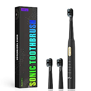 XFU Sonic Toothbrush for Adults and Kids, 3 Dupont Brush Heads, with 5 Modes and Waterproof IPX7, Battery Electric Toothbrush Build in 2 Mins Timer 40,000 VPM XF-2011 (Black)