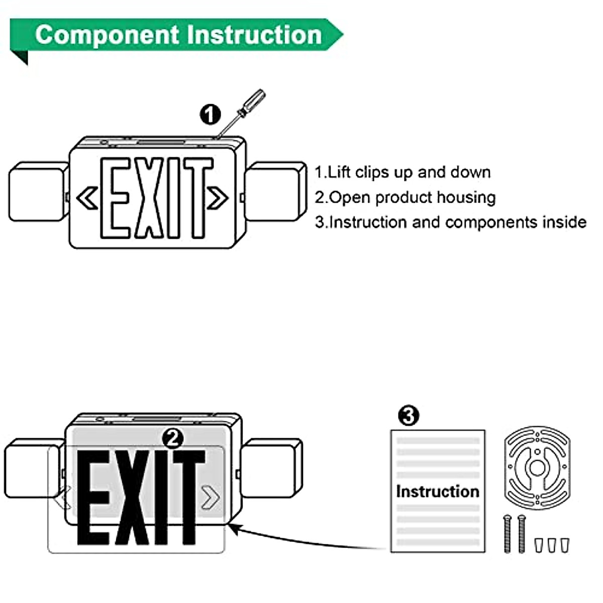 MAVARO White LED Emergency Lighting Fixture with 2 LED Heads and Hardwired Adjustable Exit Light Exit Sign for Business / Home with Battery Backup 110-277V, UL Certified, Fire Resistant