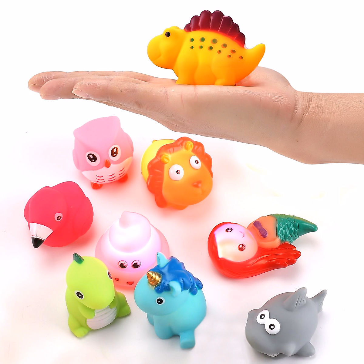 12 PCS Light Up Bath Toys with Duck Mesh Tub Storage Organizer, Toddler Flashing Color Changing LED Bathtub Mermaid Toy in Water for Kids