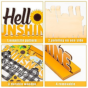 WATINC 3pcs Sunflower Wooden Table Centerpiece Sign Decoration, Hello Sunshine Wood Tabletop Signs, Summer Farmhouse Tiered Tray Table Topper Signs Decor for Home Kitchen Party Favor Photo Props