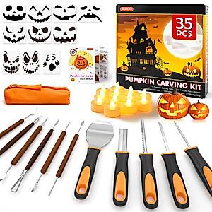 Shuttle Art 35 PCS Halloween Pumpkin Carving Kit, 11 PCS Professional Stainless Steel Pumpkin Carving Tools with 10 Stencils and 12 Electronic Candles, Safe, Fun and Durable for Kids Adults Carving