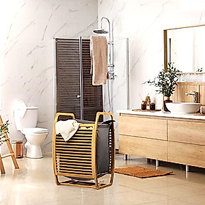 ALIMORDEN Bamboo Wood Laundry Hamper Sorter Cart, Portable And Large Capacity Waterproof Bamboo Dirty Clothes Basket, Gray