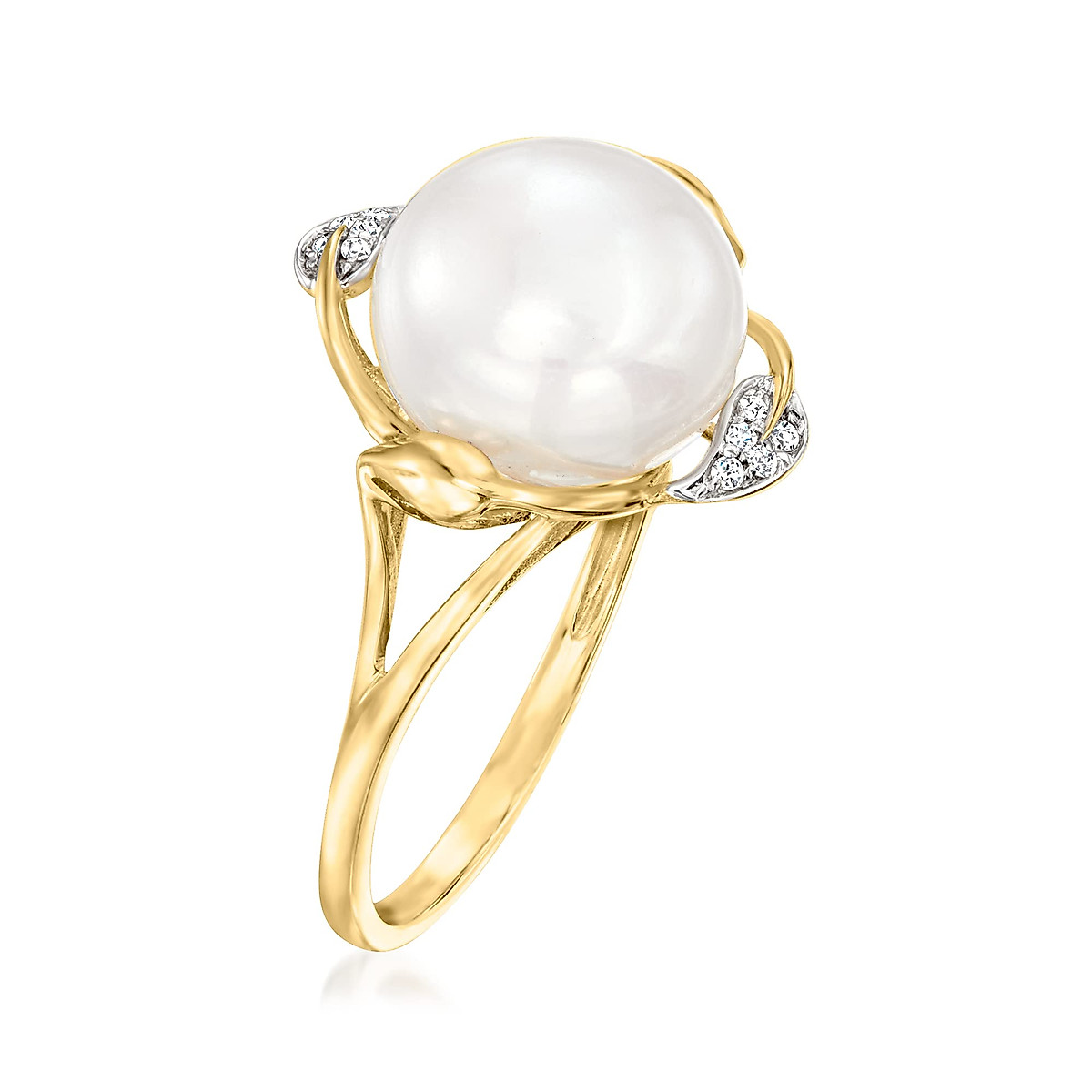 Ross-Simons 10-10.5mm Cultured Pearl Leaf Ring With Diamond Accents in 14kt Yellow Gold. Size 8