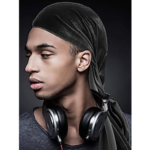4 Pieces Men's Velvet Durag with Long Tail Soft Durag Headwraps for 360 Waves (Royal blue, Red, Gold, Black)