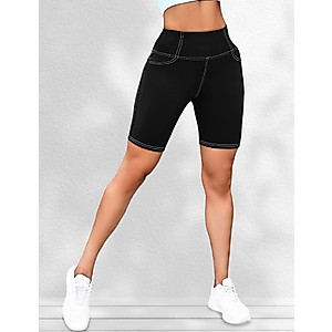 VOOVEEYA 5"/8" High Waisted Yoga Biker Shorts with Pockets for Women - Butt Lifting Workout Spandex Booty Gym Shorts(Black-L)