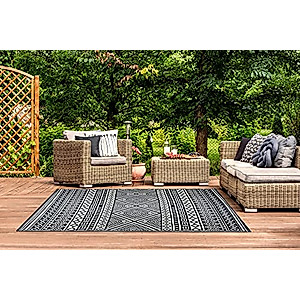 Beverly Rug Aztec Outdoor Rugs 8x10 Waterproof Boho Reversible Plastic Straw Rug Bohemian Outdoor Carpet, Outside Mat for Patio, Camping, Picnic, Porch, Deck, RV, Beach, Pool, Black and White, Texas