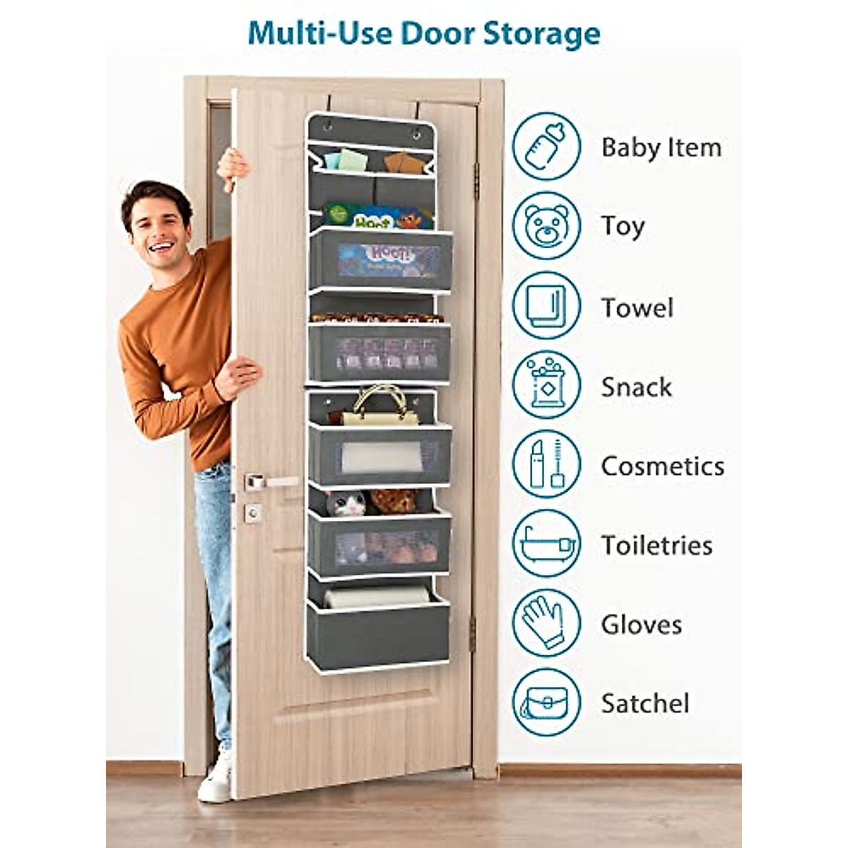 PARAKE 6-Shelf Over The Door Organizer, Flexible 1 Split into 2 Hanging Storage Door Organizer, Over The Door Storage with 5 Large Pockets, for Closet Pantry Bathroom Nursery Bedroom (Grey)