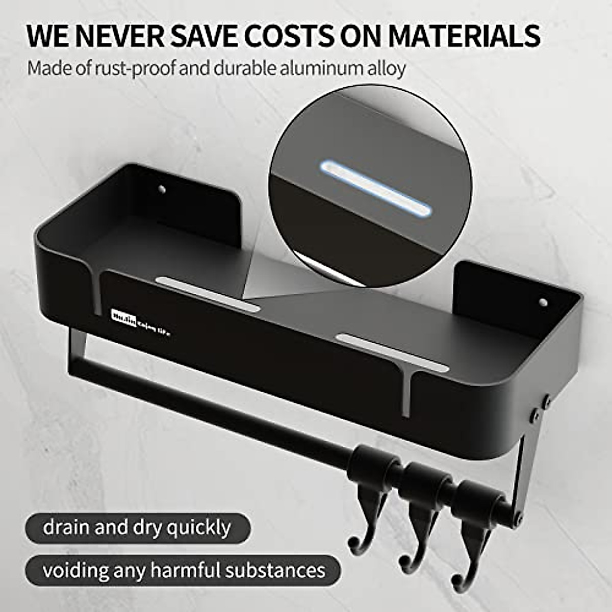 RCHYFEED 11.7”Shower Caddy with Towel Bar, Shower Organizer Adhesive,Metal Rustproof Bathroom Shower Shelf Rack with Hook, Drilling-Free Self Adhesive Storage Shelf for Bathroom & Kitchen(Black)