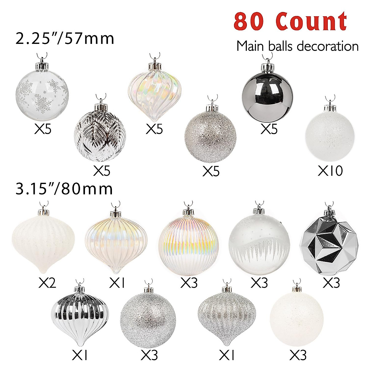 Every Day is Christmas Deluxe 80 Piece Set of Shatterproof Ornaments, Full Tree Ornament Set, Christmas Balls and Decorations (Silver White)