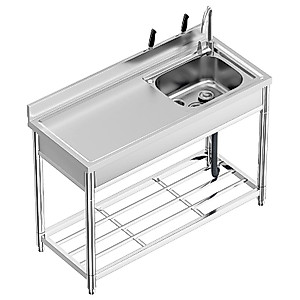 Free Standing Stainless-Steel Single Bowl, Commercial Restaurant Kitchen Sink Set w/Faucet & Drainboard, Prep & Utility Washing Hand Basin w/Workbench & Storage Shelves Indoor Outdoor (47in)