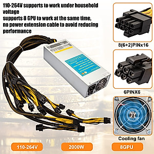 VTRETU Ethereum GPU Mining Rig with 8 GPU Mining Motherboard and 2000W Power Supply（110-264V） 8 Cooling Fans for Crypto Mining Rig Complete ETH Miner (Excluding GPU), black (V01)