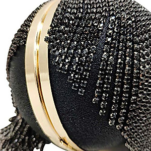 Women Round Ball Crysal Clutch Purses Wedding Handbag Dazzling Full Rhinestone Tassles Ring Handle Evening Bag (MIL1248 Black) Small