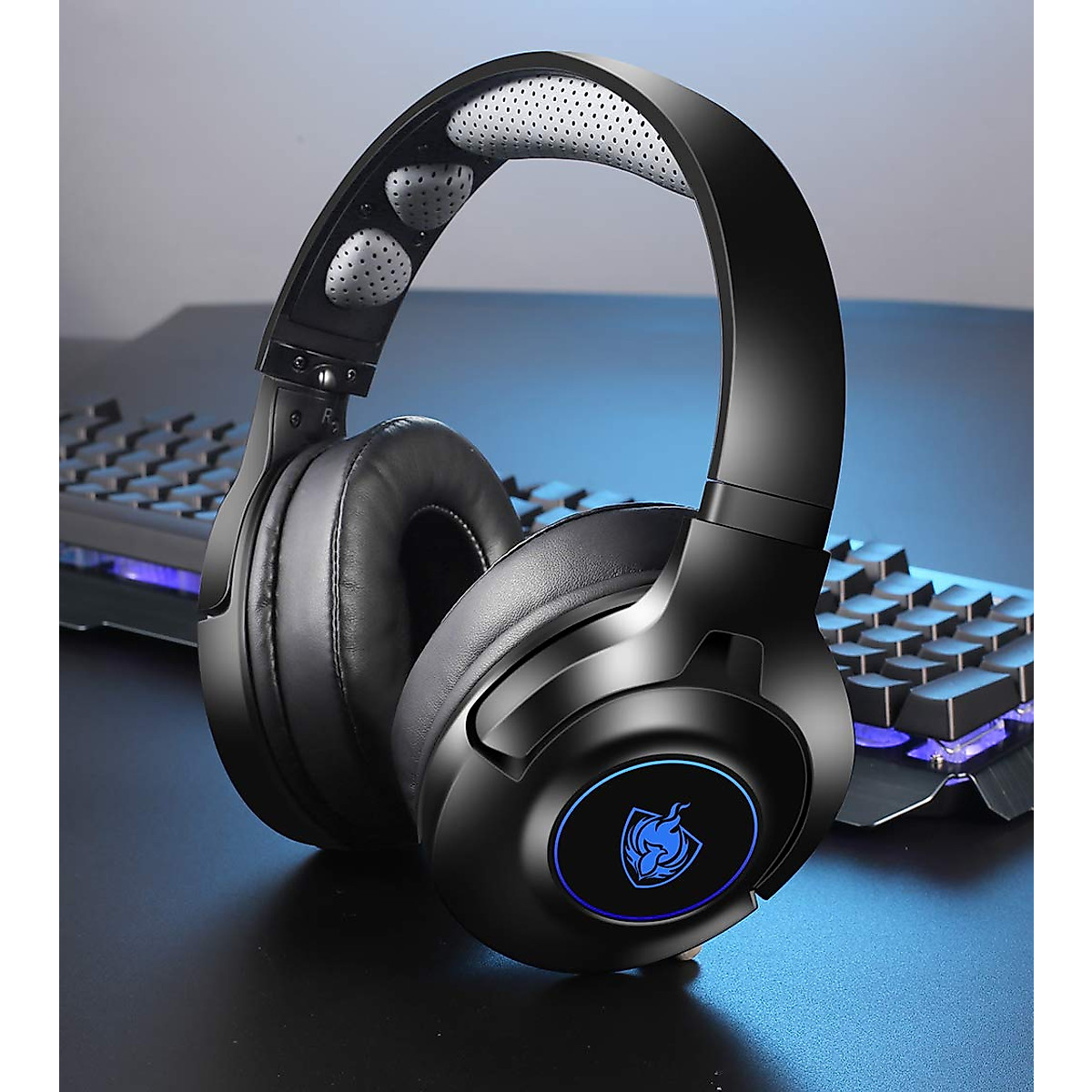 PHOINIKAS Xbox One Headset for PS5, PS4, PC, Q9 Wireless Gaming Headset with Stereo Sound, Over Ear Headphones with Detachable Noise Canceling Mic, Bluetooth Music Headset for Phone Laptop Mac (Blue)