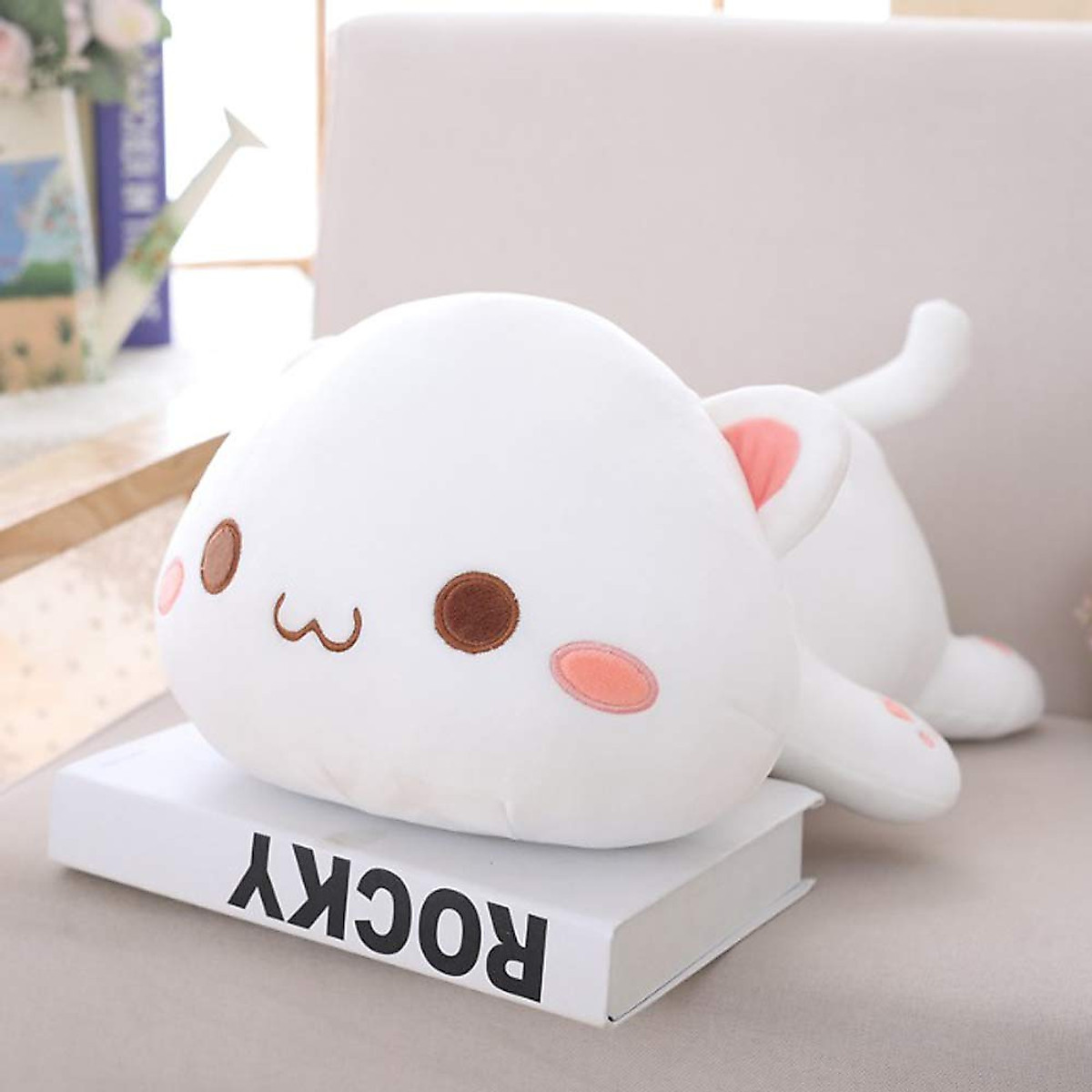 Jensquaify Cat Stuffed Animals, Soft Cat Plush Pillow Kawaii Kitten Stuffed Animal Toy Gifts for Kids (White Round Eyes, 13.7")