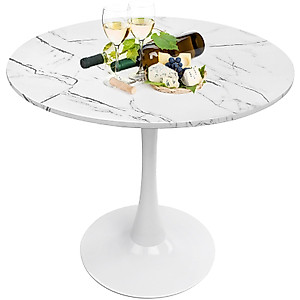 Round Dining Table White Faux Marble Kitchen Dining Table 31.5" Modern Mid-Century Leisure Tulip Table with Pedestal Base for Dining Room 2 to 4 Person