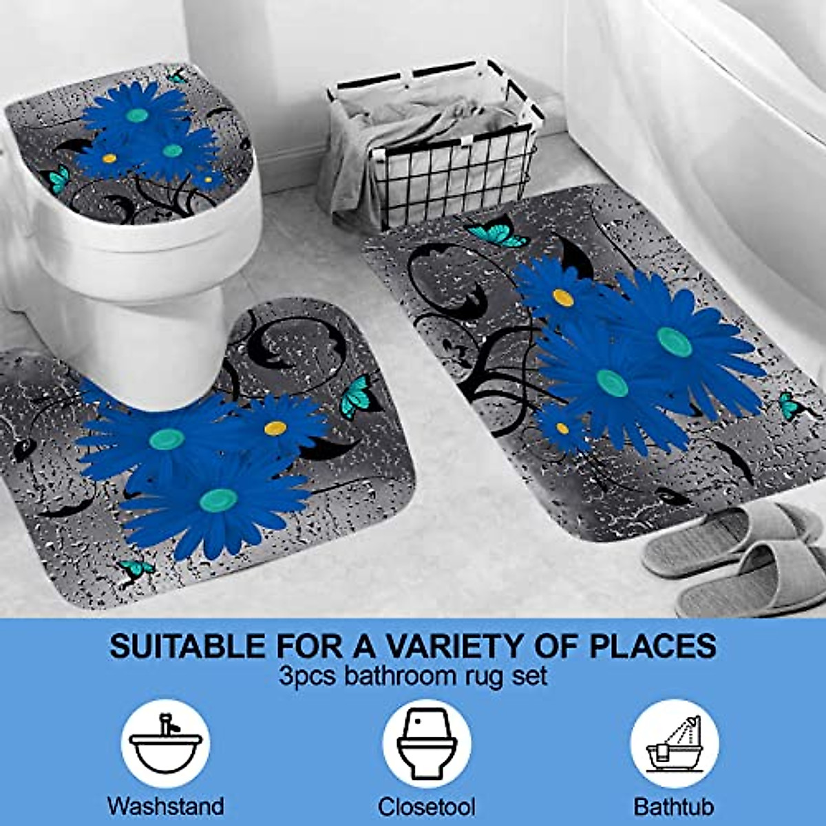 ALEXEX 4Pcs Blue Daisy Shower Curtain Sets with Non-Slip Rugs, Toilet Lid Cover and Bath Mat, Floral Butterfly Bathroom Decor Set Accessories Waterproof Shower Curtains with 12 Hooks, 72 x 72 Inch