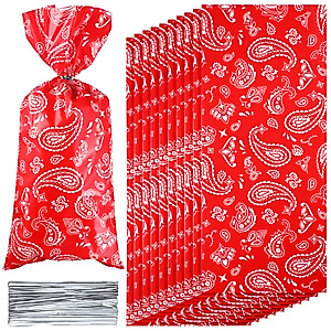 Blulu 100 Pieces Western Bandana Cellophane Bags Red Bandana Print Cello Treat Bags Cookie Candy Bags with 100 Pieces Silver Twist Ties for Western Cowboy Theme Party Favor