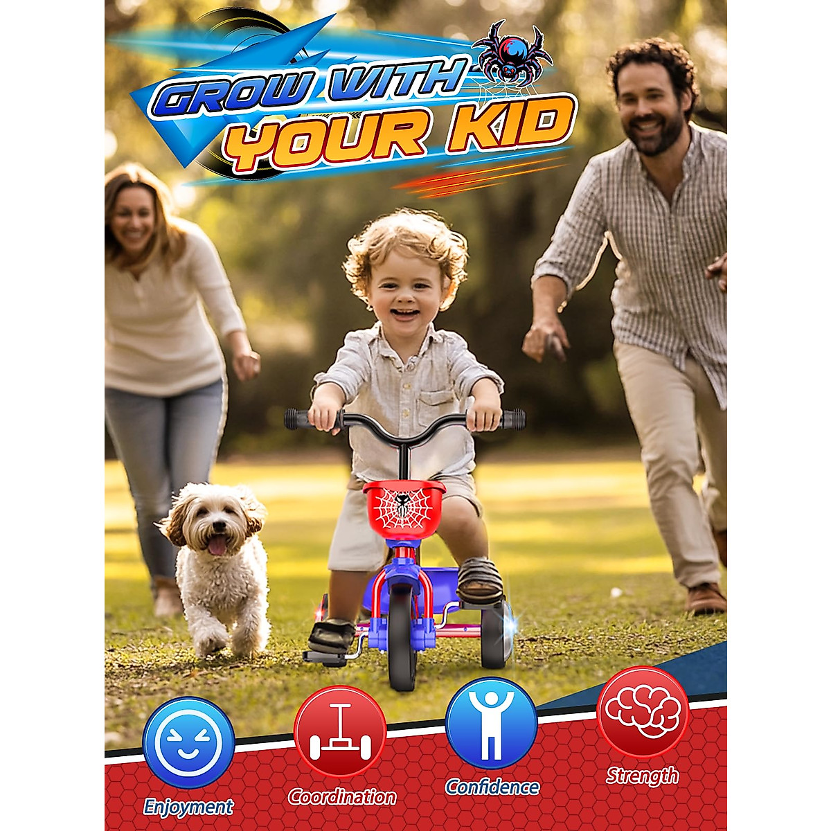 Tricycle for Toddlers 1-3 3-5 Year Olds, Spidern Toddler Bike Baby Balance Bike with Colorful Lighting Wheels & Large Basket, Birthday Gift and Toy for 1 2 3 4 5 Year Olds Boys and Girls