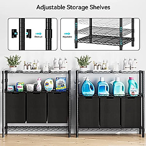 Laundry Sorters with 3 X 45L Laundry Bags & 2 Tier Adjustable Storage Shelf, Pull-Out and Removable Oxford Fabric Laundry Baskets, Black