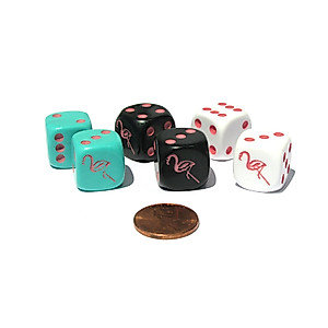 Set of 6 Flamingo 16mm Dice - 2 Each of Black, Aqua, and White with Pink Pips by Koplow Games