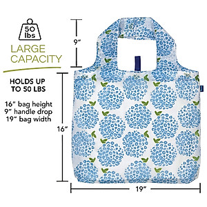 rockflowerpaper Reusable Grocery Bags for Shopping - Blue Hydrangea Pattern Blu Bag - Machine Washable, Foldable, Packable Tote - Large Handles - Heavy Duty and Lightweight - Zippered Top Pouch
