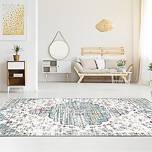 Pajata Light Blue and White Vintage 5X7 Area Rug Bohemian Floral Cover Print Distressed Carpet for Bedroom Living Room Non-Shedding