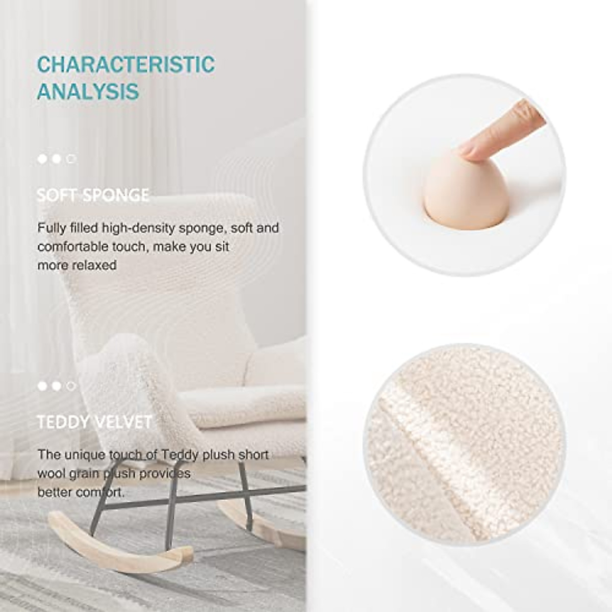 Tsuysi Teddy Rocking Chair Nursery, Upholstered Rocking Chairs with High Backrest and Armrests, Small Glider Chair for Nursery, Living Room, Bedroom (Beige)