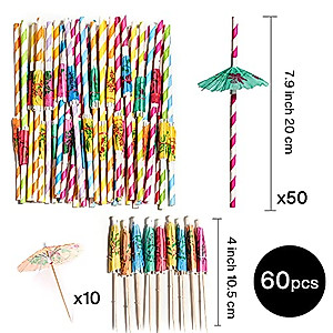 PartyWoo Paper Straws, 60 pcs Straws Drinking and Cocktail Picks Umbrellas, Drink Straws, Cocktail Straws for Luau Birthday Party Decorations, Summer Party, Hawaiian Party, Tropical Party Supplies