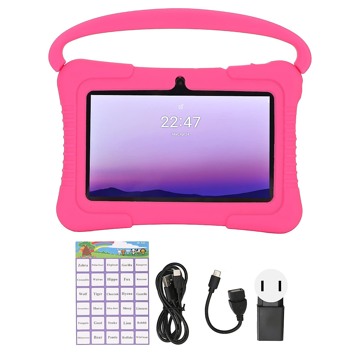 KUIDAMOS Kids Tablet, 110-240V 1024x600 Quad Core Processor Dual Camera HD Tablet with Protective Cover for Learning for Android 10 (US Plug)