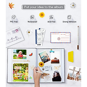 Popotop Photo Album Self Adhesive with Picture Display Window,40 Pages DIY Baby Memory Book for 4x6 8x10 Picture,Linen Cover Scrapbook for Wedding,with Scraper and Metallic Pen